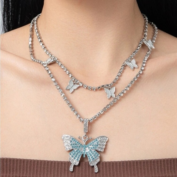 Jewelry | Silver 33 Blue Rhinestone Butterfly Necklace | Poshmark